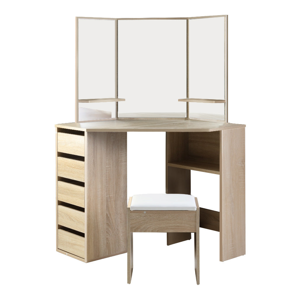 Corner Dressing Table w/ Mirror & 5Drawers Oak | Factory to Home