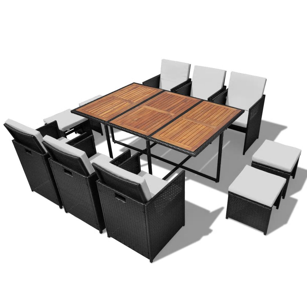 11 Piece Outdoor Dining Set - Poly Rattan and Acacia Wood - Black