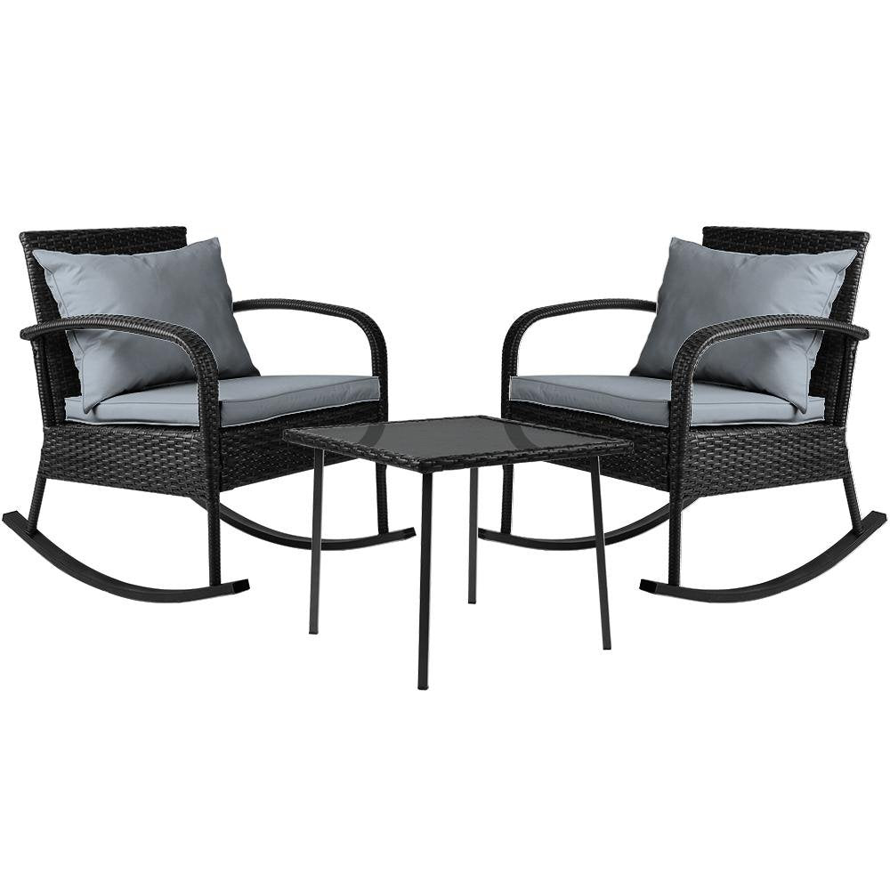 3 Piece Outdoor Rocking Chair Set - Black