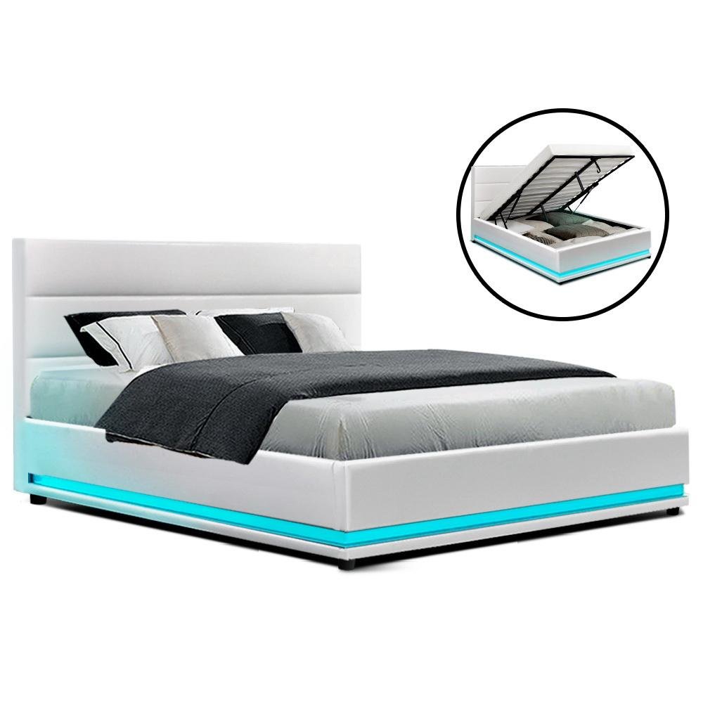 RGB LED Gas Lift Double Bed Frame - White Leather | Factory to Home
